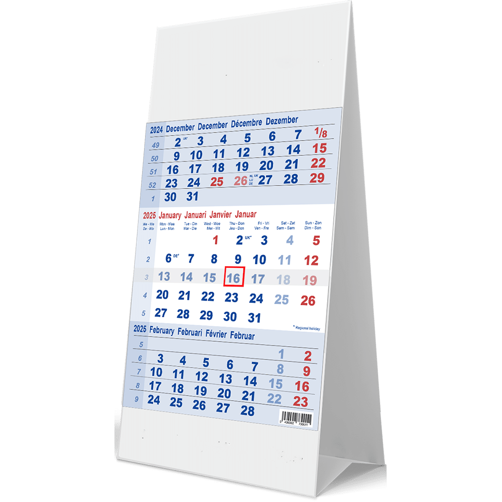 Bureaukalender 3-maand blauw 2025 - dekalender.shop